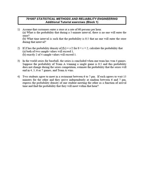 Additional Block1 Tutorial Sheet For Statistics And Reliablity