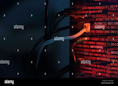 Computer Virus Transfer Into Desktop Pc By Internet LAN Line Double Exposure Shot Of Backside