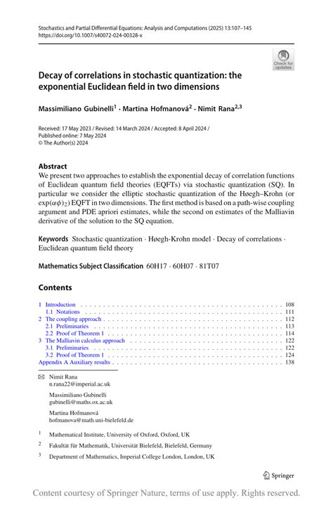 Pdf Decay Of Correlations In Stochastic Quantization The Exponential
