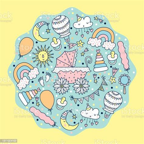 유모차와 어린이 장난감이 있는 어린이 리니어 일러스트레이션 달 하늘에 대한 스톡 벡터 아트 및 기타 이미지 달 하늘