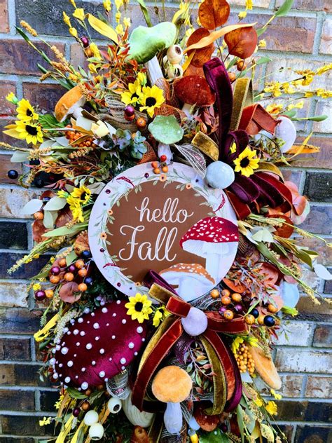 Xl Fall Swag Rustic Mushroom Hello Fall Wreath Etsy