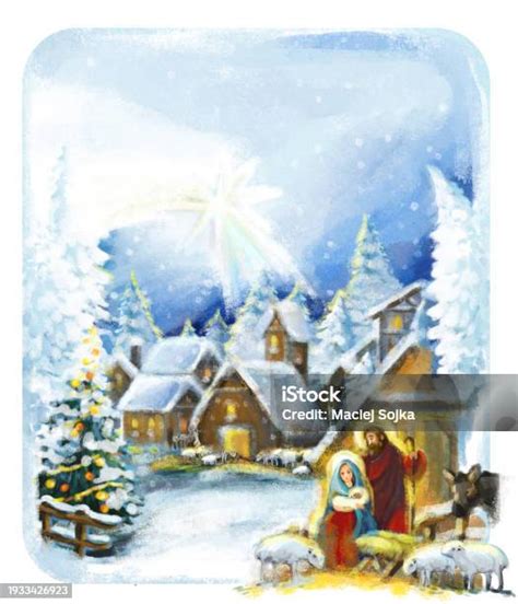 종교 일러스트 슈팅 스타와 성스러운 가족 양과 당나귀와 빈티지 도시 근처의 전통적인 장면 어린이를위한 일러스트레이션 크리스마스에 대한 스톡 벡터 아트 및 기타 이미지