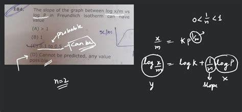 the slope of the graph between logx m vs logp in freundlich isotherm can