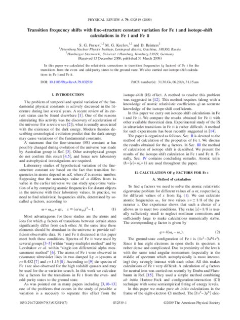 Pdf Transition Frequency Shifts With Fine Structure Constant Variation For Fe I And Isotope