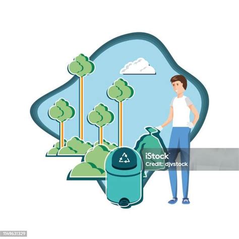 환경 친화적인 현장에서 쓰레기 재활용을 하는 젊은 남자 개념에 대한 스톡 벡터 아트 및 기타 이미지 개념 건강한 생활방식