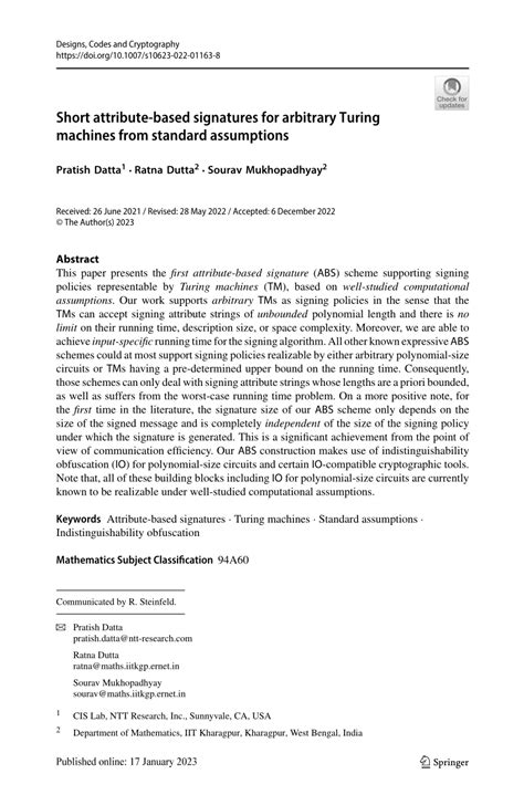 Pdf Short Attribute Based Signatures For Arbitrary Turing Machines
