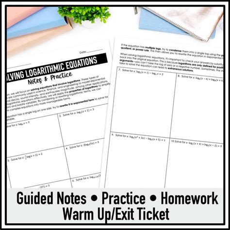 Solving Logarithmic Equations Algebra 2 Lesson Guided Notes Homework