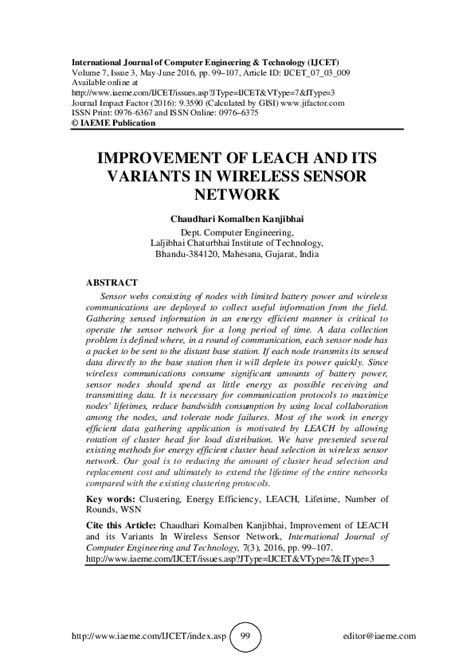 Pdf Improvement Of Leach And Its Variants In Wireless Sensor Network Iaeme Publication