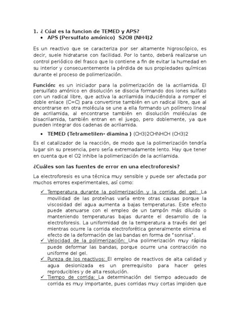 Cúal Es La Funcion De Temed Y Aps Pdf Electroforesis Polímeros
