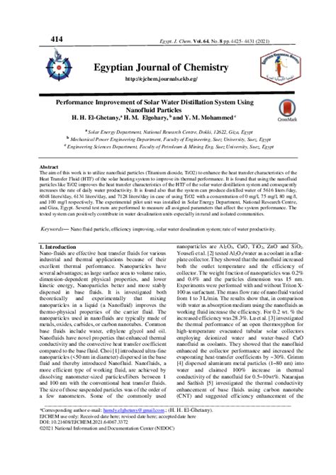Pdf Performance Improvement Of Solar Water Distillation System Using