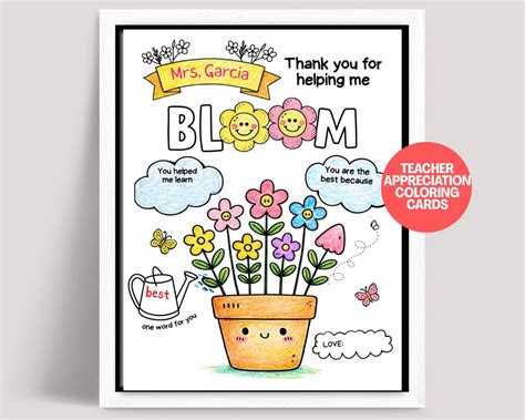 Cute Teacher Appreciation Coloring Card Personalized Flower Thank You