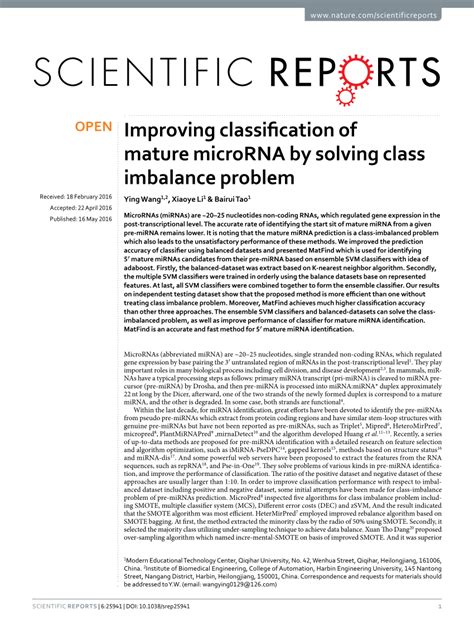 Pdf Improving Classification Of Mature Microrna By Solving Class
