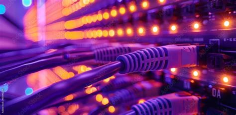 Ethernet Cables Connected To A Network Switch Glowing Lights Visible Closeup Of Purple Network