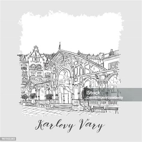 휴가의 손으로 그린 시리즈 초대장 카드 또는 전단지 붓글씨 시 쓰기와 여행 카를로비 바리 체코 공화국 잉크 및 페인트 수채화 모방 와 그런 지 프레임 건물 외관에 대한 스톡