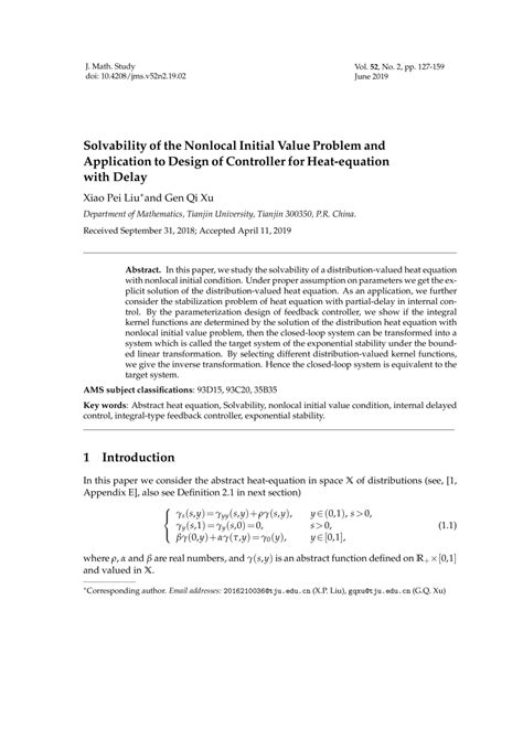 Global Science Press Solvability Of The Nonlocal Initial Value Problem And Application To