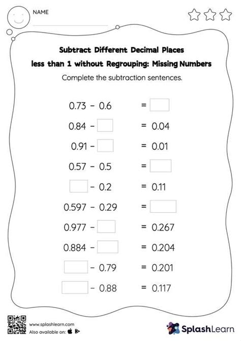 Subtract Different Decimal Places Less Than 1 Without Regrouping Missing Numbers Math