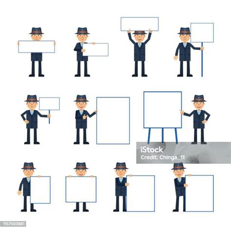 다른 빈 배너와 함께 포즈를 취하는 탐정 캐릭터의 큰 세트 화이트 보드를 가리키는 종이 포스터 플래카드를 들고 쾌활한 검사관