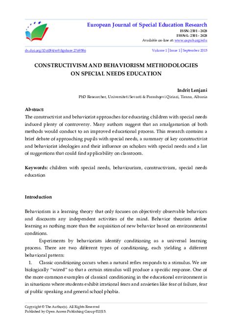 Pdf Constructivism And Behaviorism Methodologies On Special Needs Education