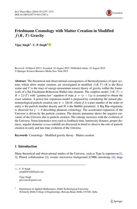 Pdf Friedmann Cosmology With Matter Creation In Modified Fr T Gravity