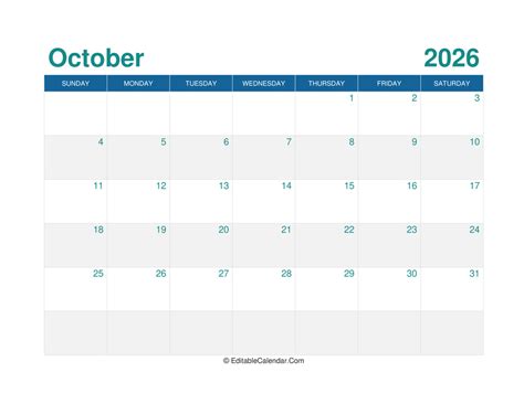 October 2026 Editable Calendar With Holidays