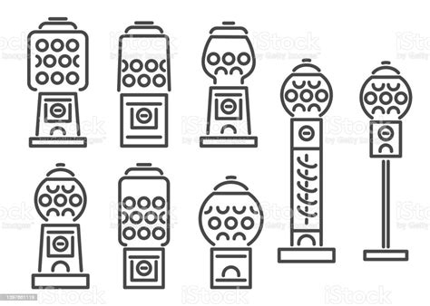 검볼 기계 라인 아이콘 세트 사탕과 풍선 껌복고풍 자동 판매기 디스펜서 흰색 배경에 격리 된 과자 슬롯 벡터 일러스트레이션 개체 그룹에 대한 스톡 벡터 아트 및 기타 이미지