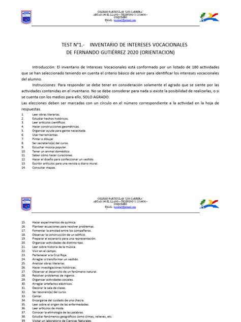 Test Vocacionales Aplicacion 2°medio 2020clc Test Original En Word Pdf