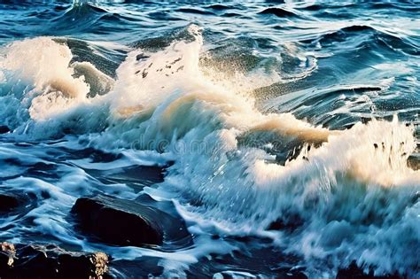 Waves On The Shore Multiple Exposure High Contrast Foamy A Close Stock