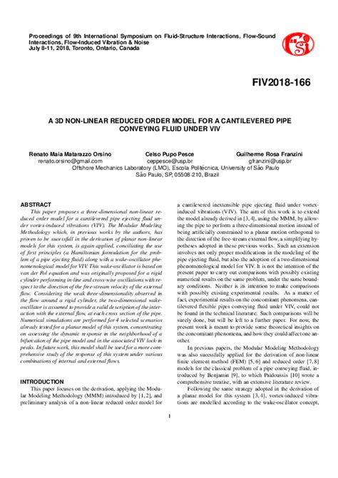 Pdf Canada S Fiv 2018 166 A 3 D Non Linear Reduced Order Model For A Cantilevered Pipe