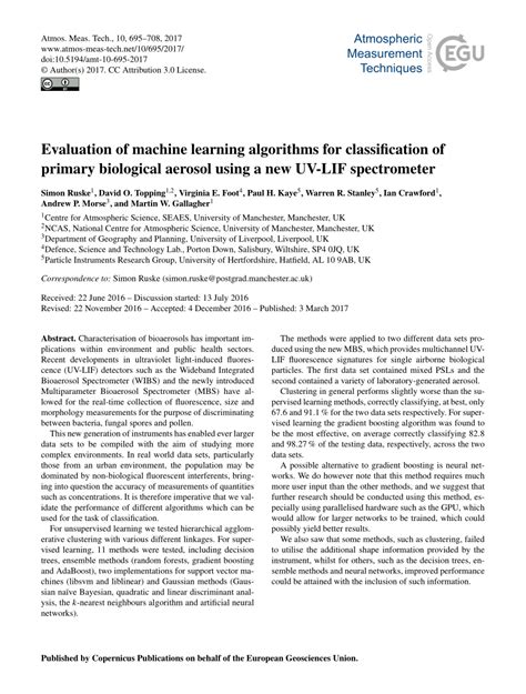 Pdf Evaluation Of Machine Learning Algorithms For Classification Of Primary Biological Aerosol