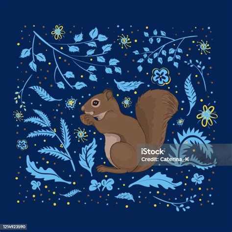 벡터 일러스트 밝은 파란색과 노란색 꽃 잎 나뭇가지와 반점사각형 어두운 파란색 배경에 귀여운 다람쥐 드로잉에 대한 스톡 벡터 아트 및 기타 이미지 Istock
