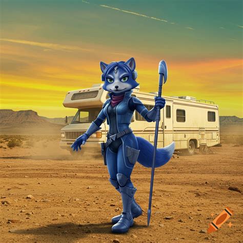 Krystal From Star Fox A Blue Anthropomorphic Fox Stands In A Desert