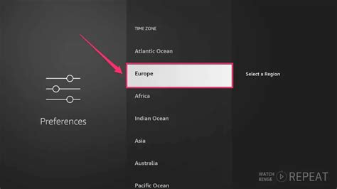 Time Zone Settings With Europe Selected An Arrow Pointing To It And A List Of Other Regions