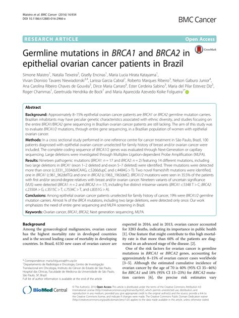 Pdf Germline Mutations In Brca1 And Brca2 In Epithelial Ovarian Cancer Patients In Brazil