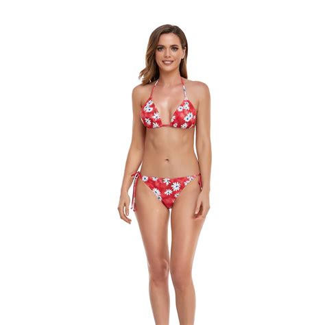 Womens 2 Piece Bikini Set Red Flowers Womens Swimwear