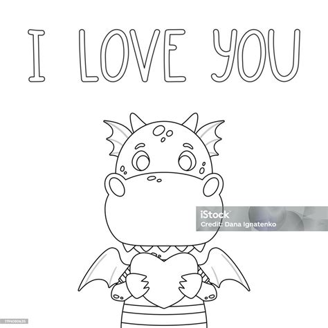하트와 손으로 그린 글자 따옴표와 귀여운 드래곤 나는 당신을 사랑해요 발렌타인 데이 인사말 카드입니다 색칠하기 위해 흰색 배경에 격리된 벡터 그림입니다 0명에 대한 스톡