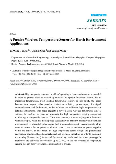 Pdf A Passive Wireless Temperature Sensor For Harsh Environment Applications
