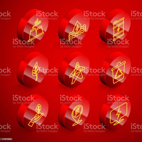 라인 공장 물 에너지 바이오 연료 배럴 잎 잎 전기 타워 재활용 식물 손 및 위치 잎 아이콘이있는 휴지통을 설정합니다 벡터 3차원 형태에 대한 스톡 벡터 아트 및 기타