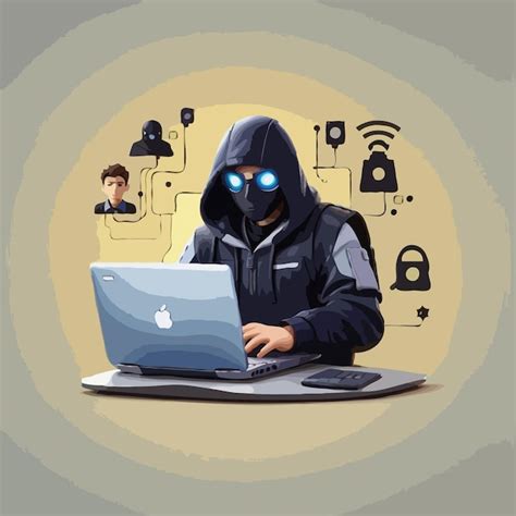 Vector Hacker Operating A Laptop Cartoon Icon Illustration Technology Icon Concept Isolated Flat