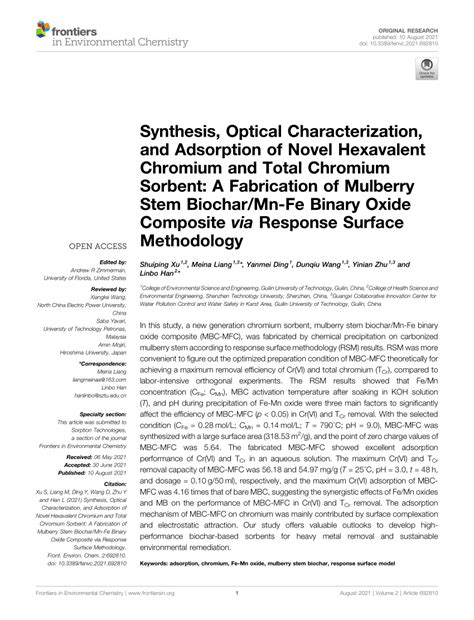 Pdf Synthesis Optical Characterization And Adsorption Of Novel Hexavalent Chromium And Total