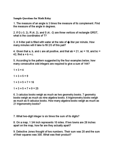 Sample Questions For Math Relay Pdf Numbers Pi