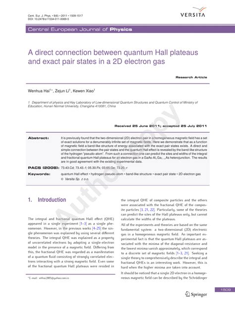 Pdf A Direct Connection Between Quantum Hall Plateaus And Exact Pair States In A 2d Electron Gas
