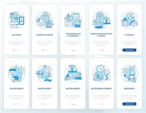 개념이 설정된 모바일 앱 페이지 화면을 온 보딩하는 태양 에너지 시스템 구매 풍력 및 수력 에너지 연습 단계 Ui 템플릿 일러스트레이션 프리미엄 벡터