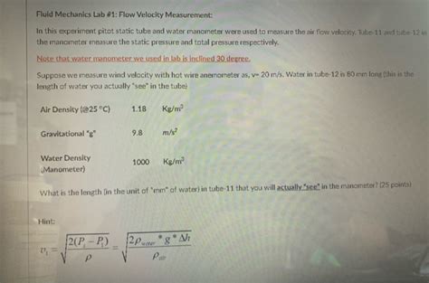 Solved Fluid Mechanics Lab Flow Velocity Measurement In Chegg