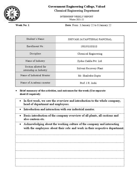 Weekly Diary Week 1 8 Pdf Chemical Engineering Internship
