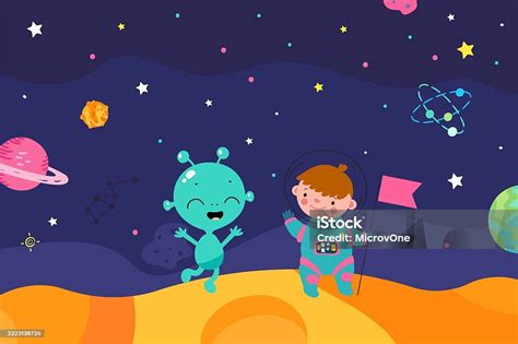 우주의 행성에서 외계인과 만나다 우주복을 입은 귀여운 작은 만화 우주 비행사와 행복한 Ufo 생물 우주 탐사 별 행성 벡터 풍경 경외감에 대한 스톡 벡터 아트 및 기타