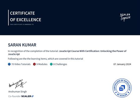 Completed Javascript Course From Scaler Topics Saran Premi 🚀 Posted