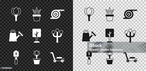 꽃 튤립 화분에 심기 정원 호스 삽 잔디 깎는 기계 물뿌리개 숲 아이콘을 설정합니다 벡터 0명에 대한 스톡 벡터 아트 및 기타 이미지 Istock