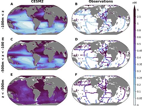 A C And E Cesm Simulated Dissolved Iron Concentration Distributions Download Scientific