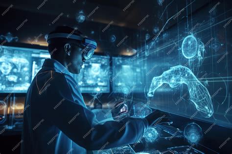 미래 의학 디지털 가상 컴퓨터 인터페이스 가상 홀로그램 과학 및 의학 개념의 혁신 의학 기술 원격 의학 현대 실험실 생성 Ai 프리미엄 사진