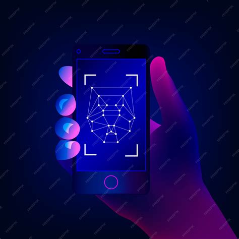 Premium Vector Face Recognition Concept High Tech Technologies Hand Holds A Smartphone On